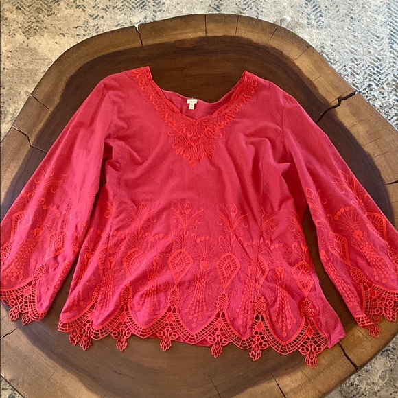 Reba | Tops | Reba Red Embroidered Blouse With Balloon Sleeves | Poshmark